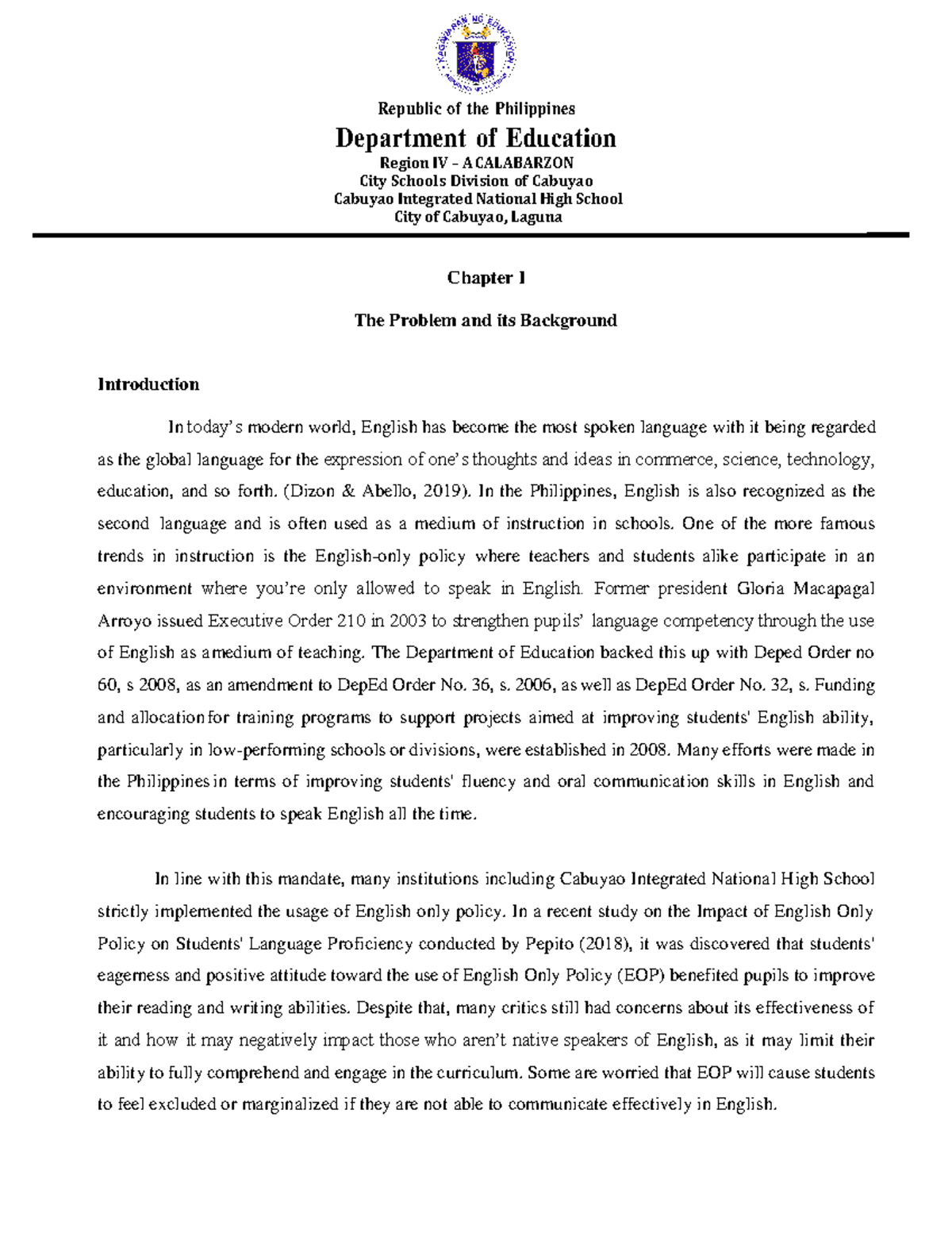 Effects of English Only Policy in Stude - Department of Education ...