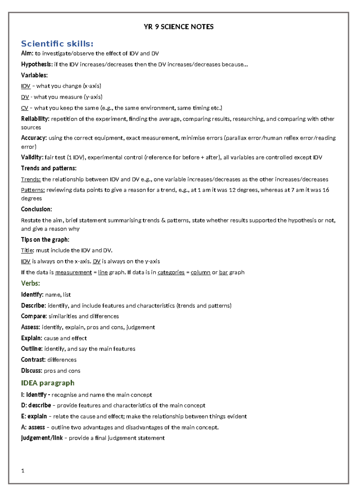 9 science notes yearly - idk - YR 9 SCIENCE NOTES Scientific skills ...