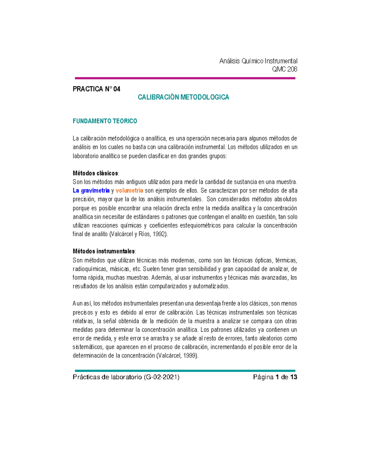 Calibración Metodologica - QMC 208 PRACTICA N∞ 04 CALIBRACI”N ...