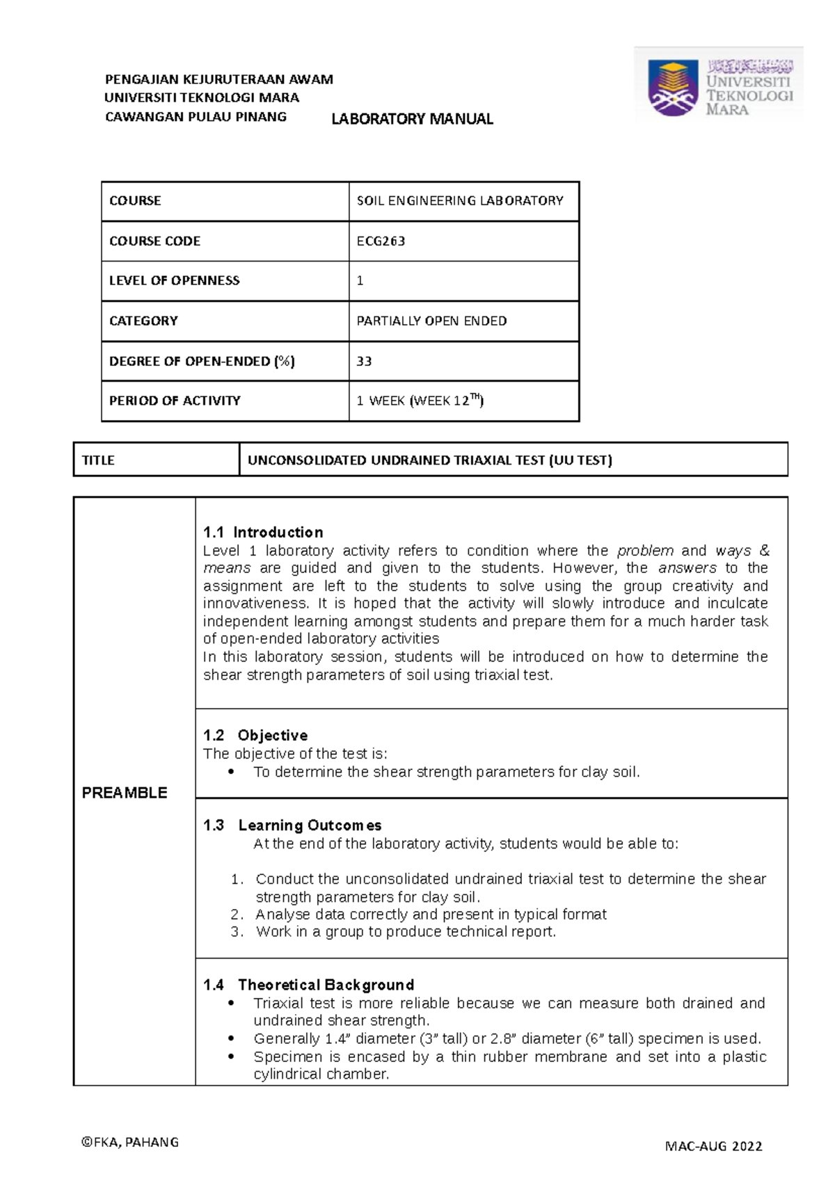 LAB 11 - Unconsolidated Undrained (UU) Triaxial TEST - CAWANGAN PULAU ...