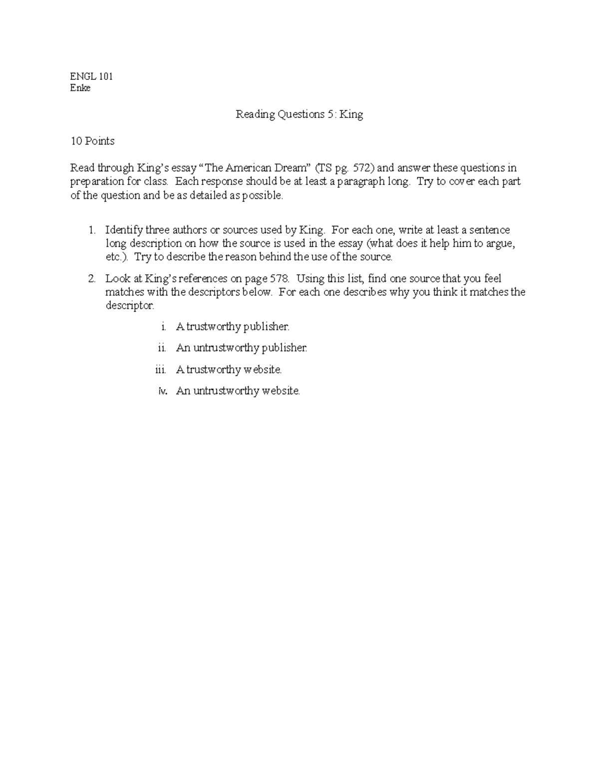 4-26 ENGL 101 Part 5 - King Questions - ENGL 101 Enke Reading Questions ...