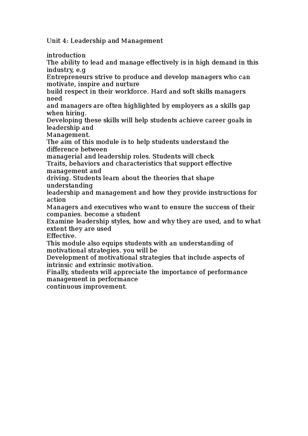 bba notes 2 111 - Unit 4: Leadership and Management introduction The ...