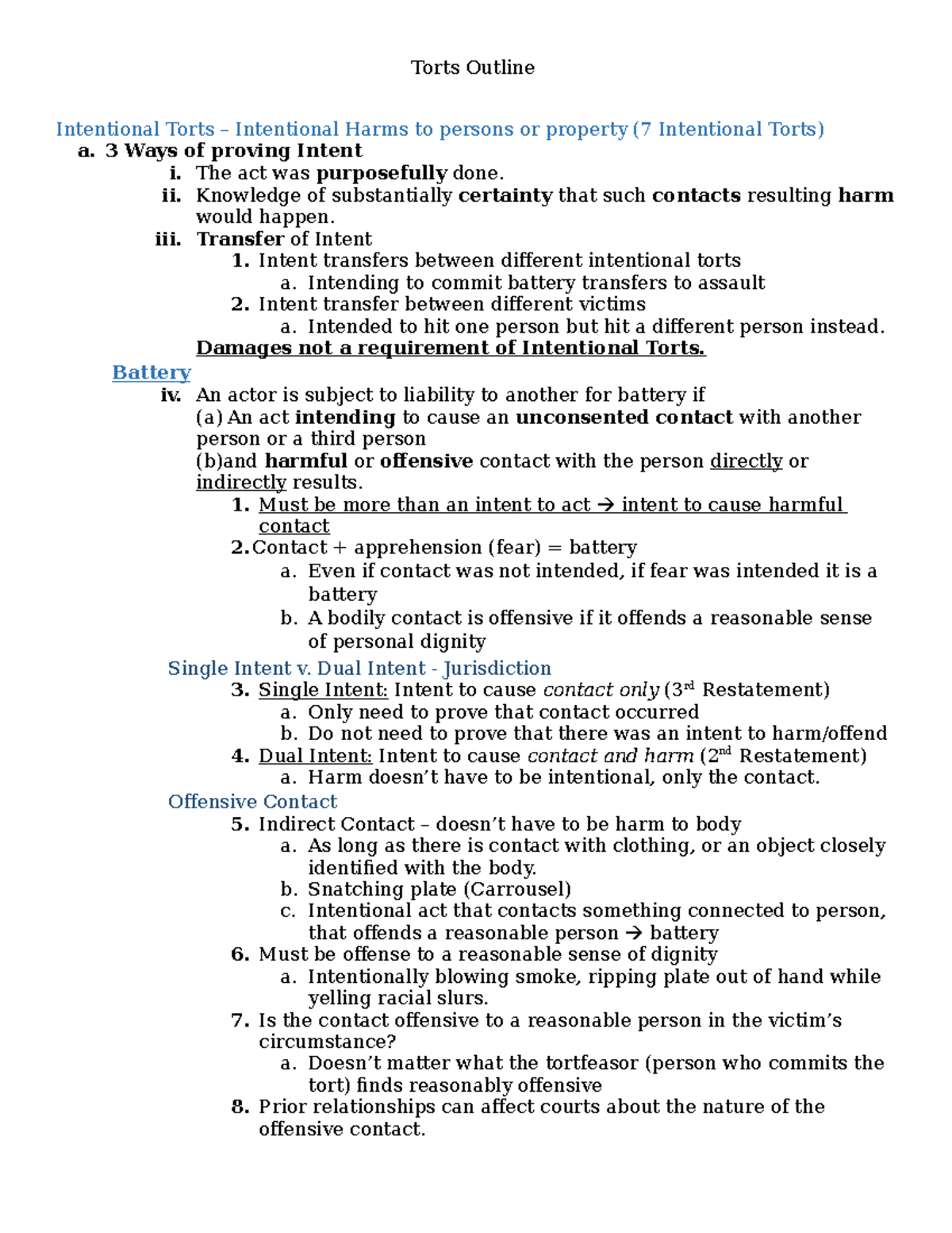 Torts-i - notes - Torts Outline Intentional Torts – Intentional Harms ...