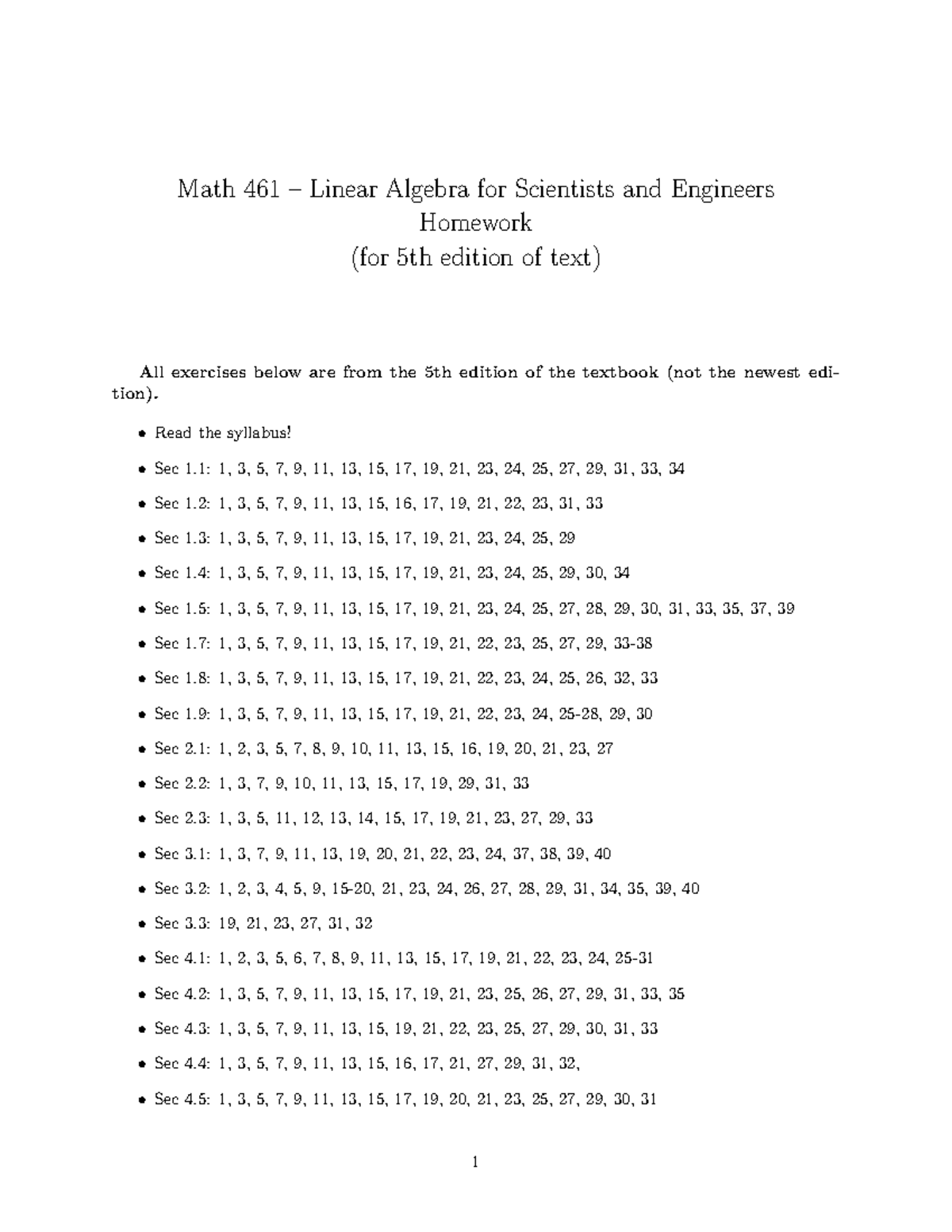 Homework Questions in 5th edition textbook - Math 461 – Linear Algebra for Scientists and ...