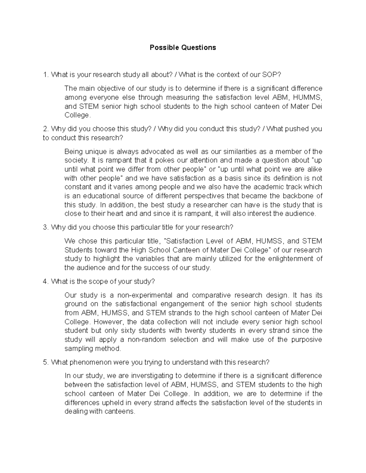 Possible Questions for Research - Possible Questions What is your ...