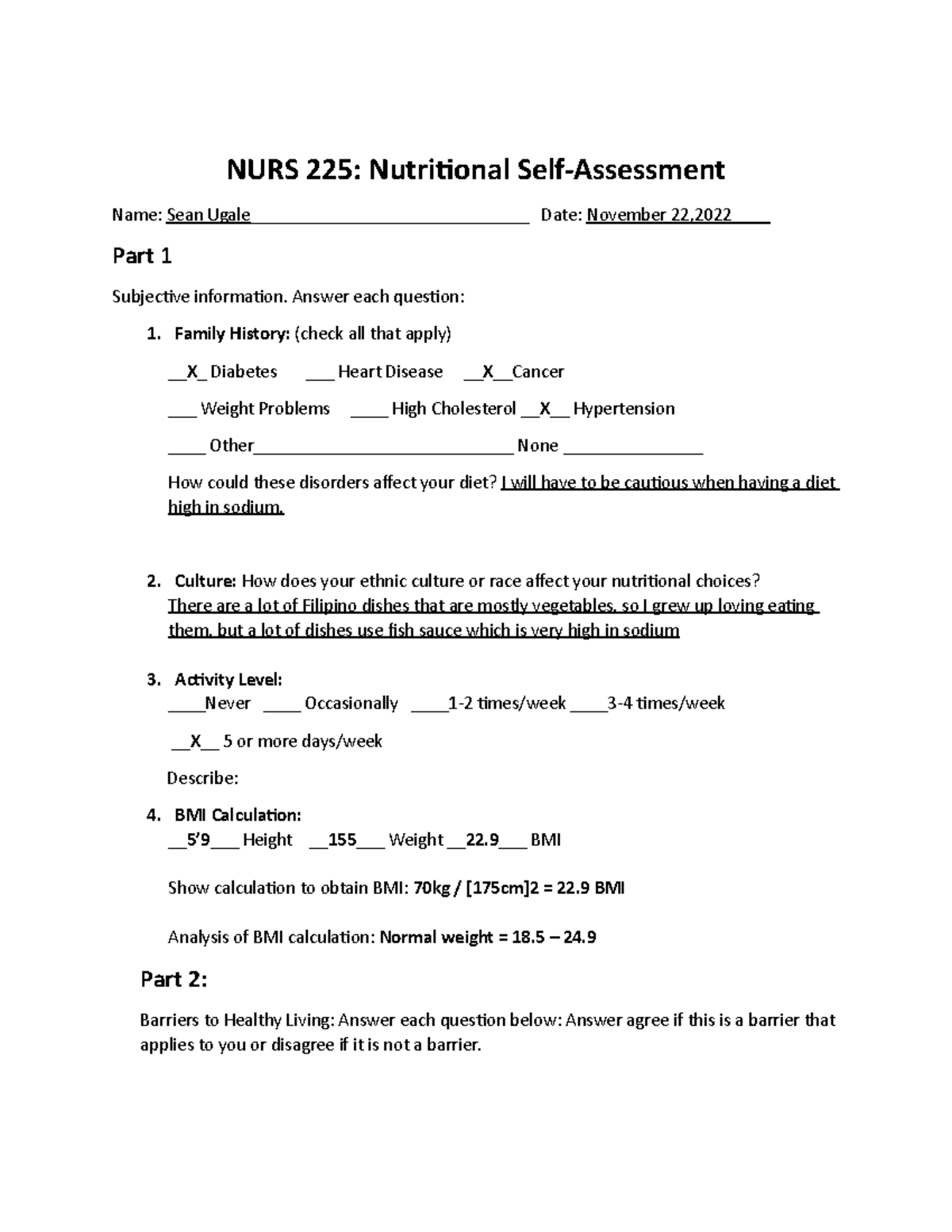 NURS 225 - Nutrition Assessment 10 - NURS 225: Nutritional Self ...