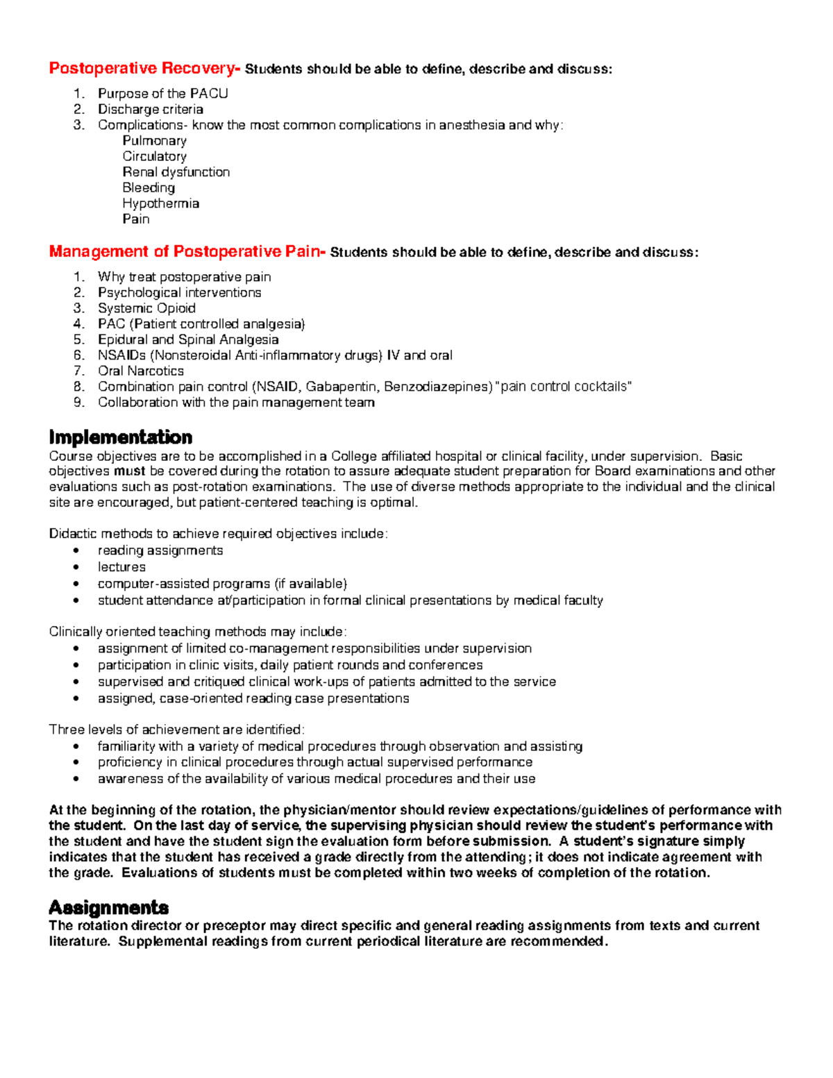 Anesthesiology learning objectives 3 - Postoperative Recovery- Students ...