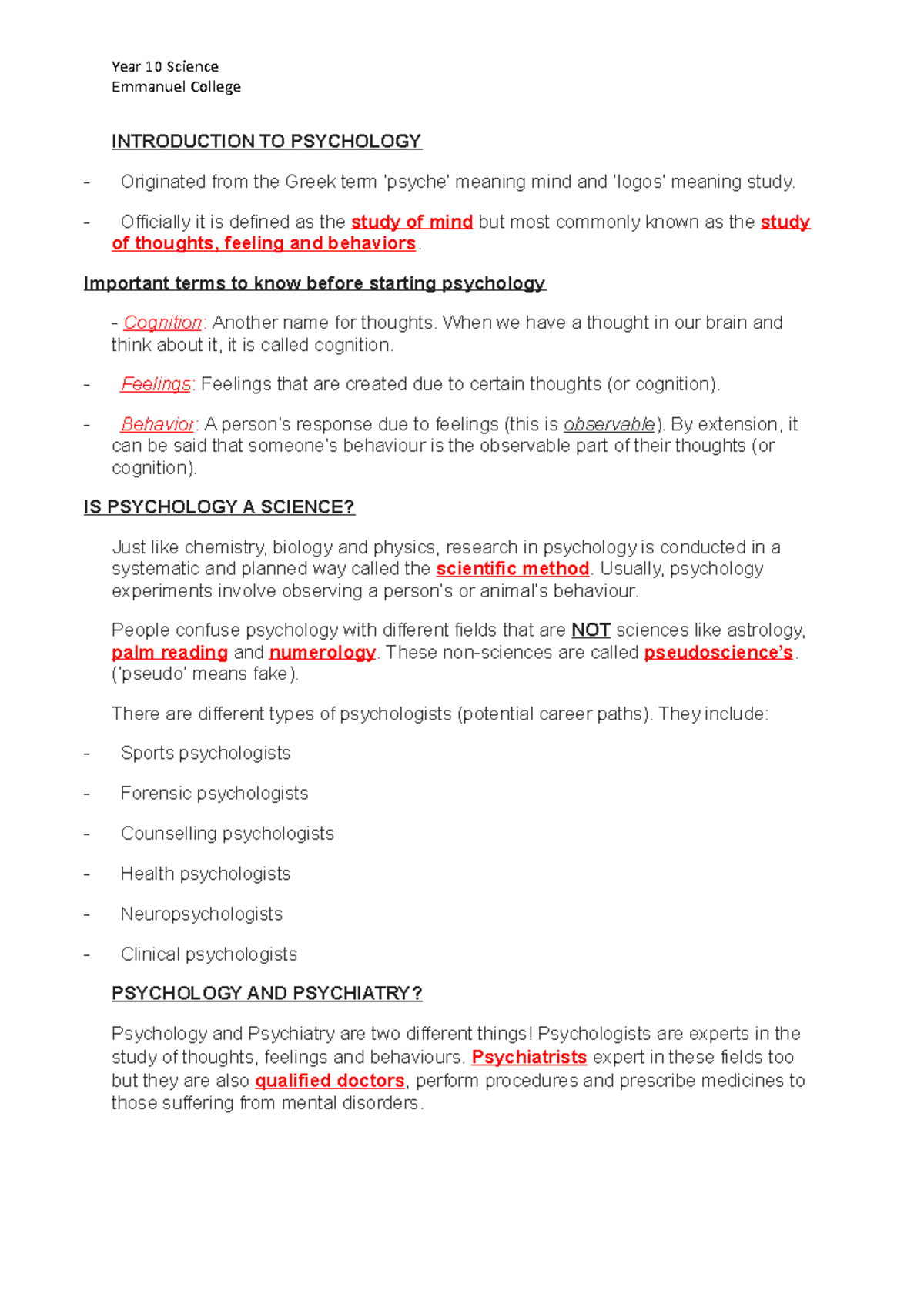 Lesson 2 (Introduction to psychology) (student) - Year 10 Science ...