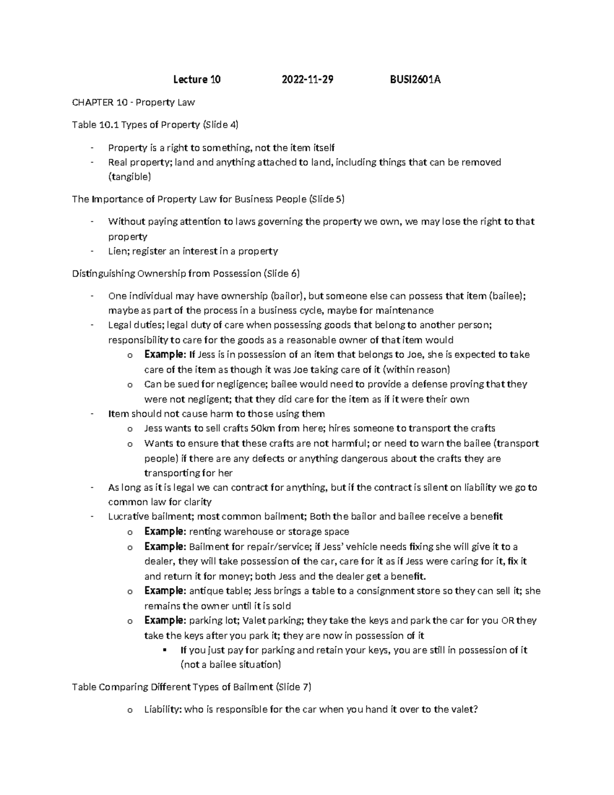 BUSI2601A - Week 12 - 2022 - Lecture 10 2022-11-29 BUSI2601A CHAPTER 10 - Property Law Table 10 ...