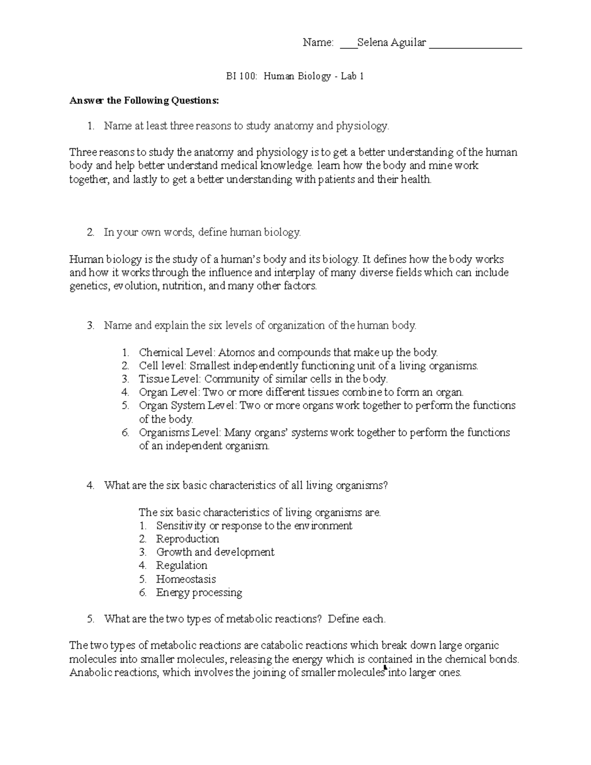 BI 100 Lab 1 - Lecture - BI 100: Human Biology - Lab 1 Answer the ...