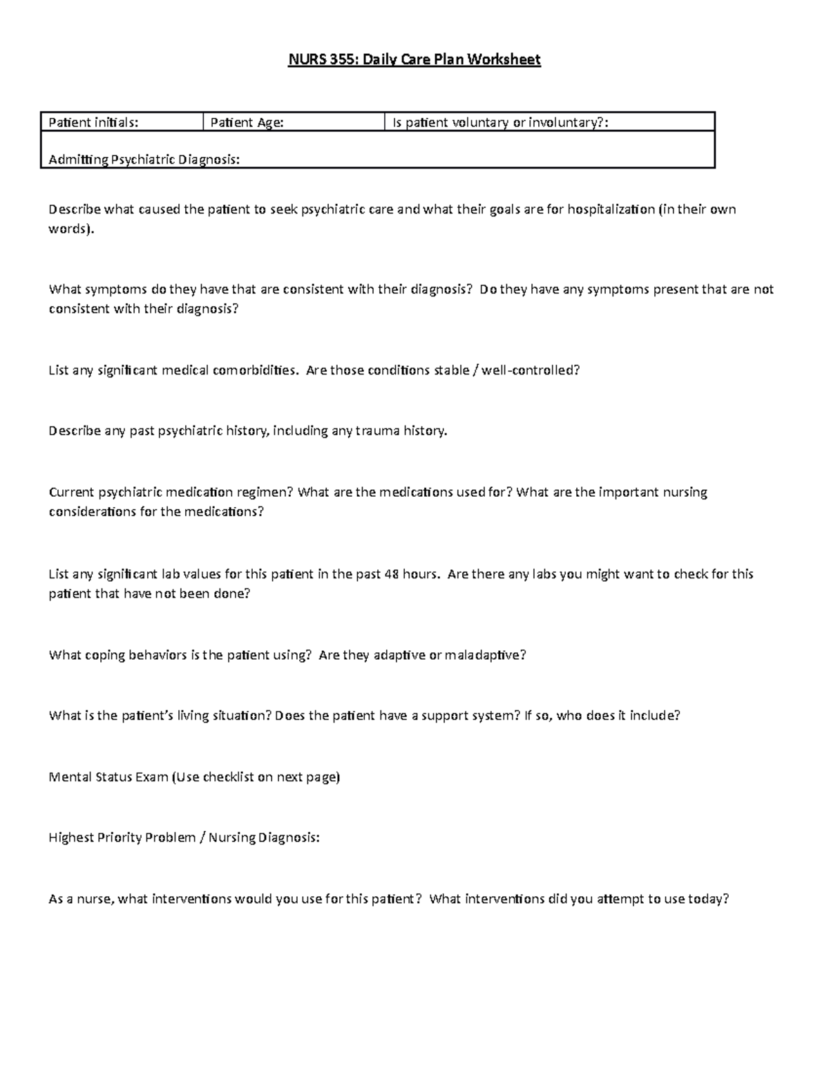 NURS355 Clinical Care Plan Worksheet - NURS 355: Daily Care Plan ...