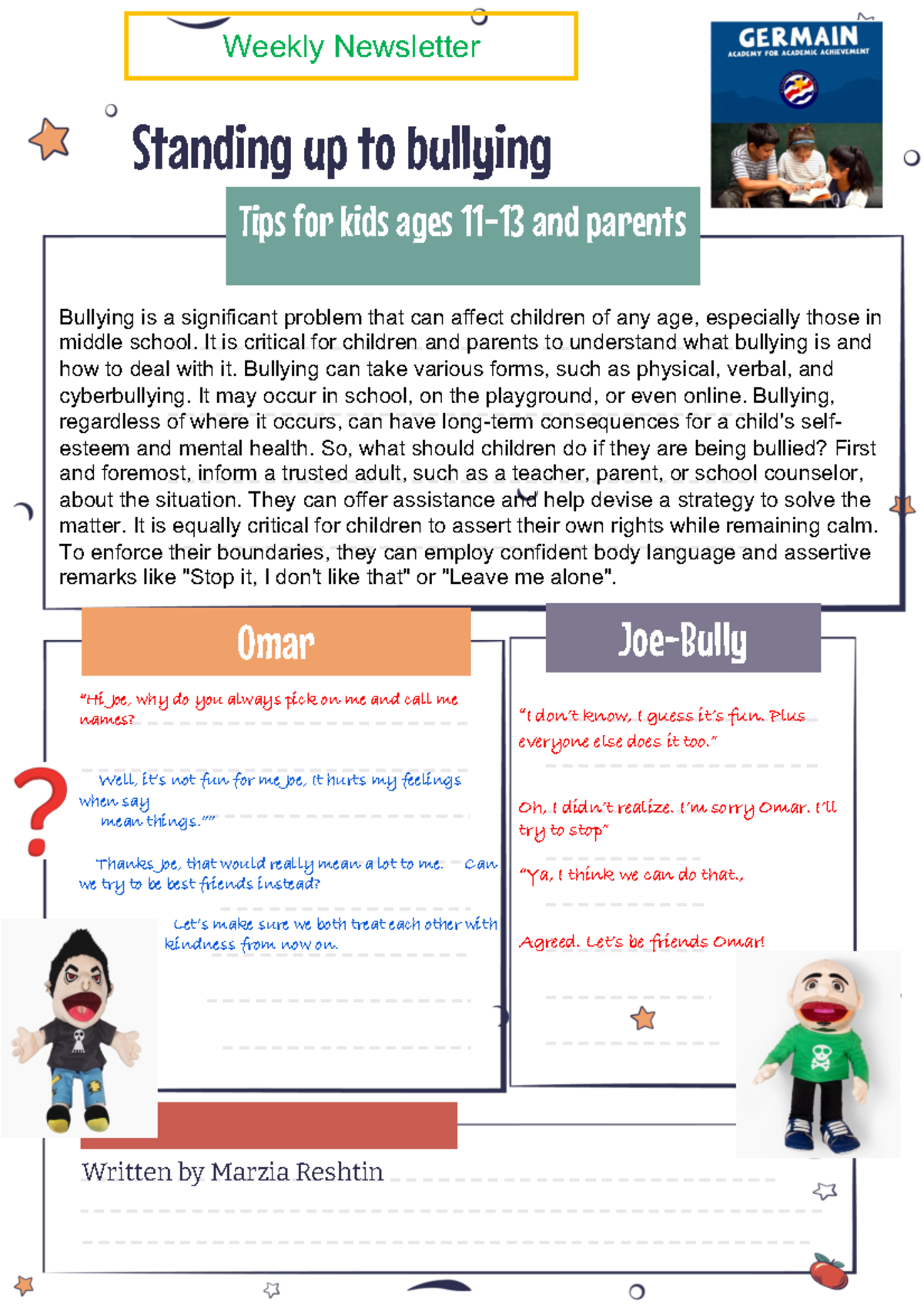 Marzia reshtin Newsletter - Standing up to bullying Tips for kids ages ...