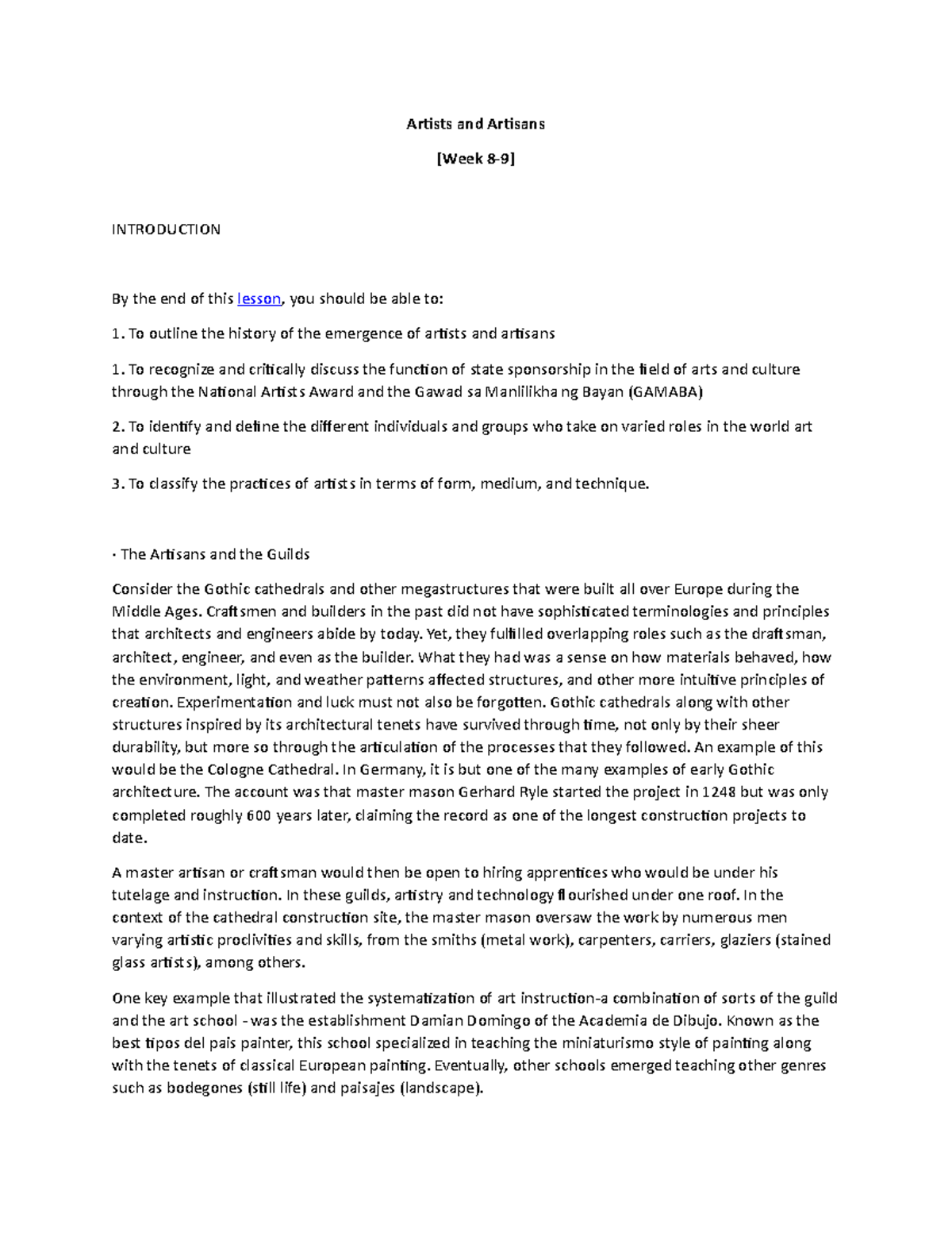 Lesson 5 Artists and Artisans - Artists and Artisans [Week 8-9 ...