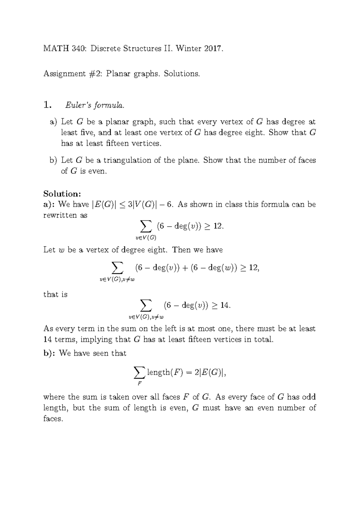 Math340hw2w17solutions Math 340 Discrete Structures Ii Winter 2017 Assignment 2 Planar