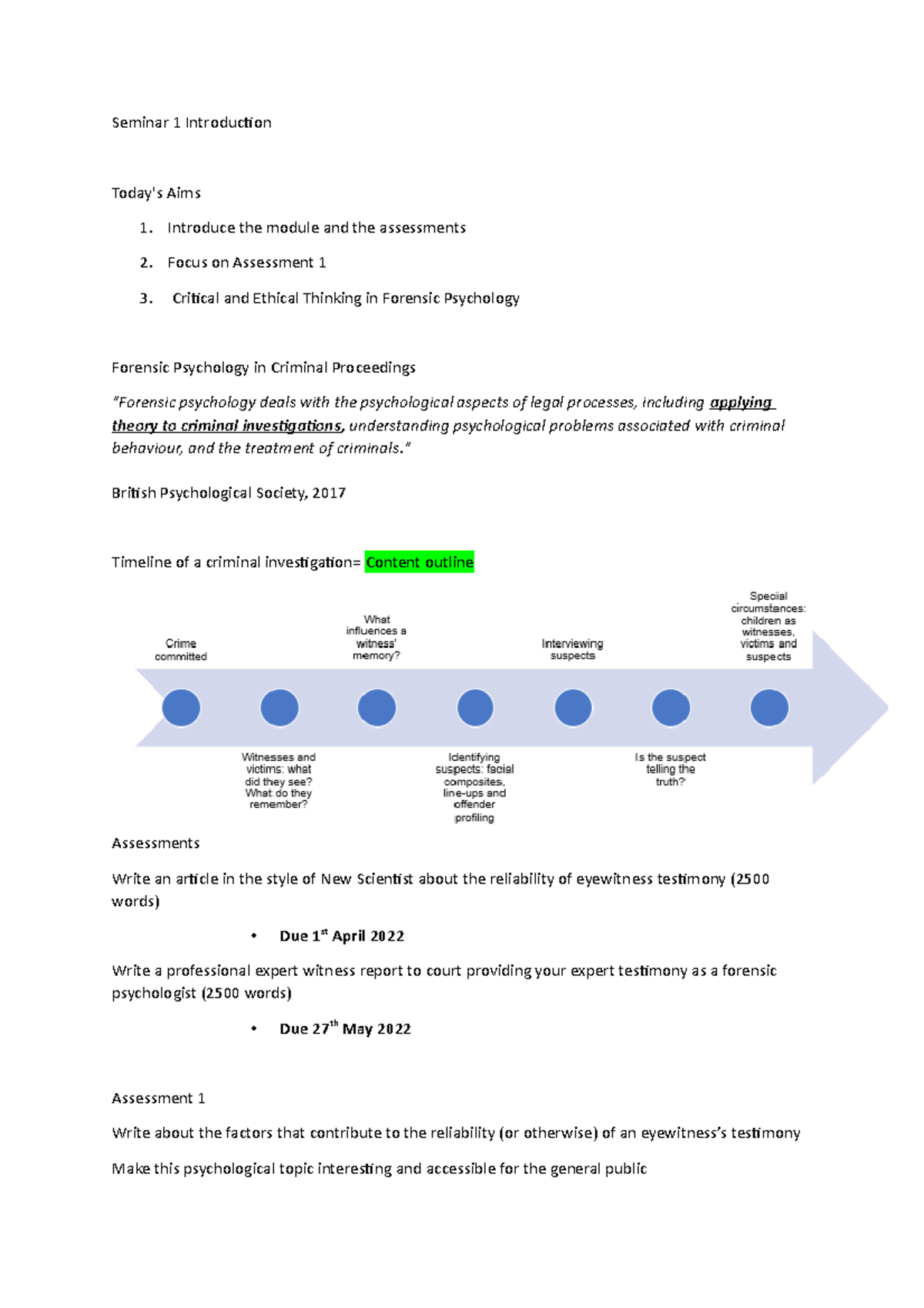 Seminar 1 Introduction - Seminar 1 Introduction Today's Aims Introduce ...