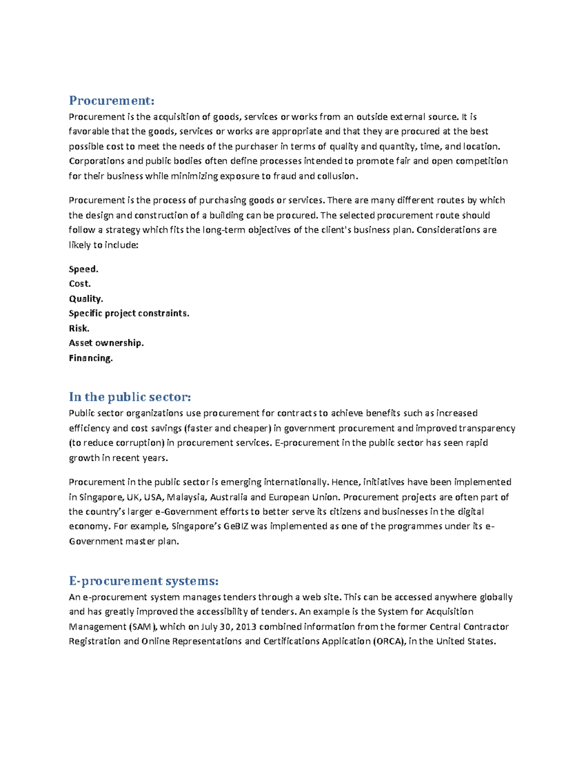 Procurement notes - Procurement: Procurement is the acquisition of ...