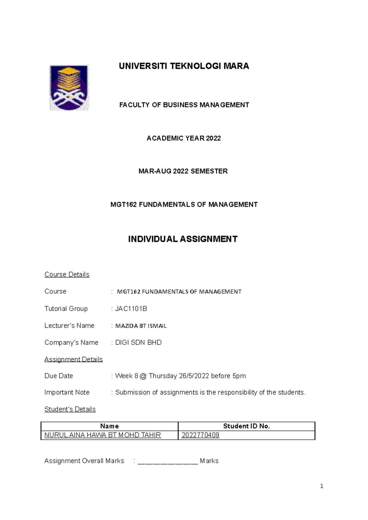 DIGI MGT162 - individual assignment for sem 1 Digi company - UNIVERSITI ...