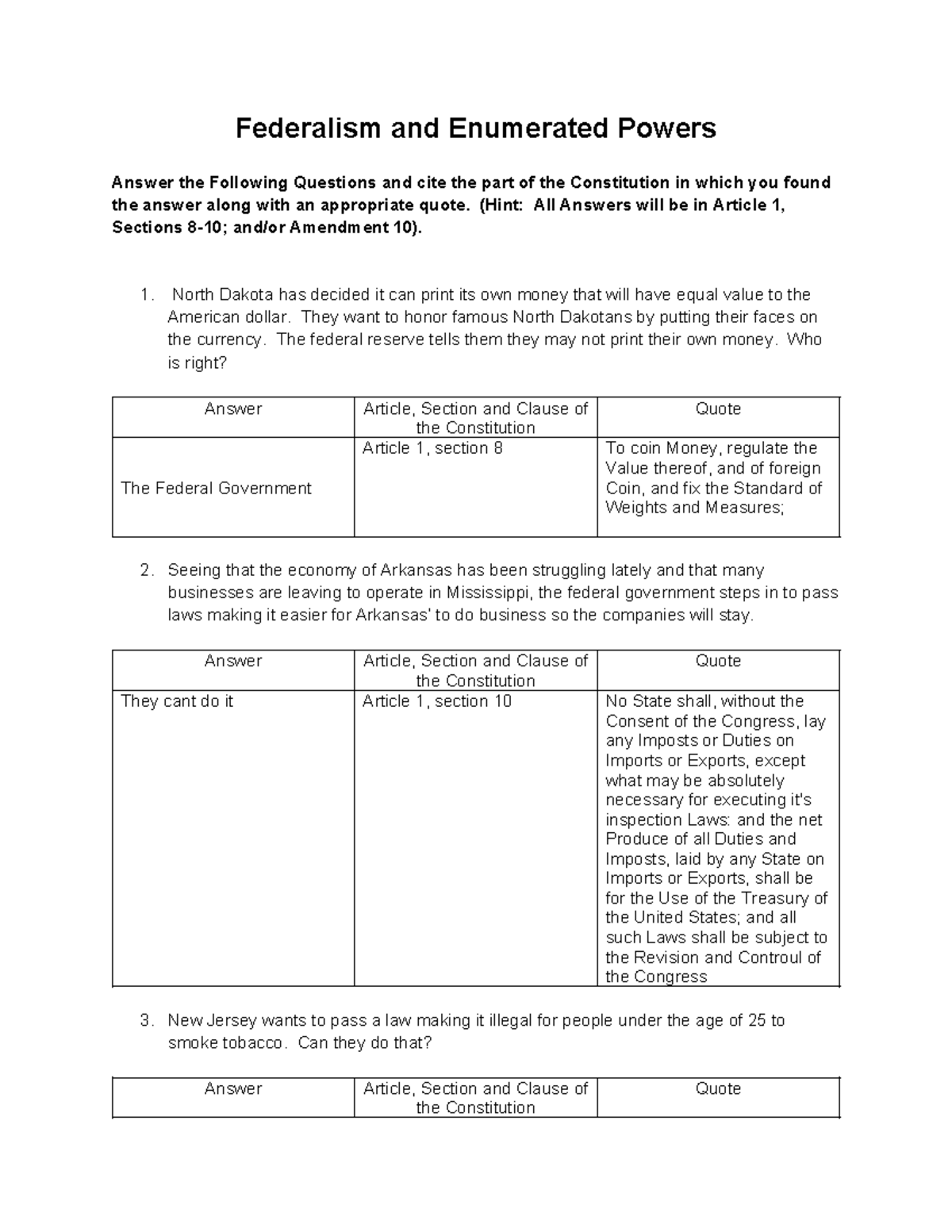 Enumerated Powers and Federalism - Federalism and Enumerated Powers ...