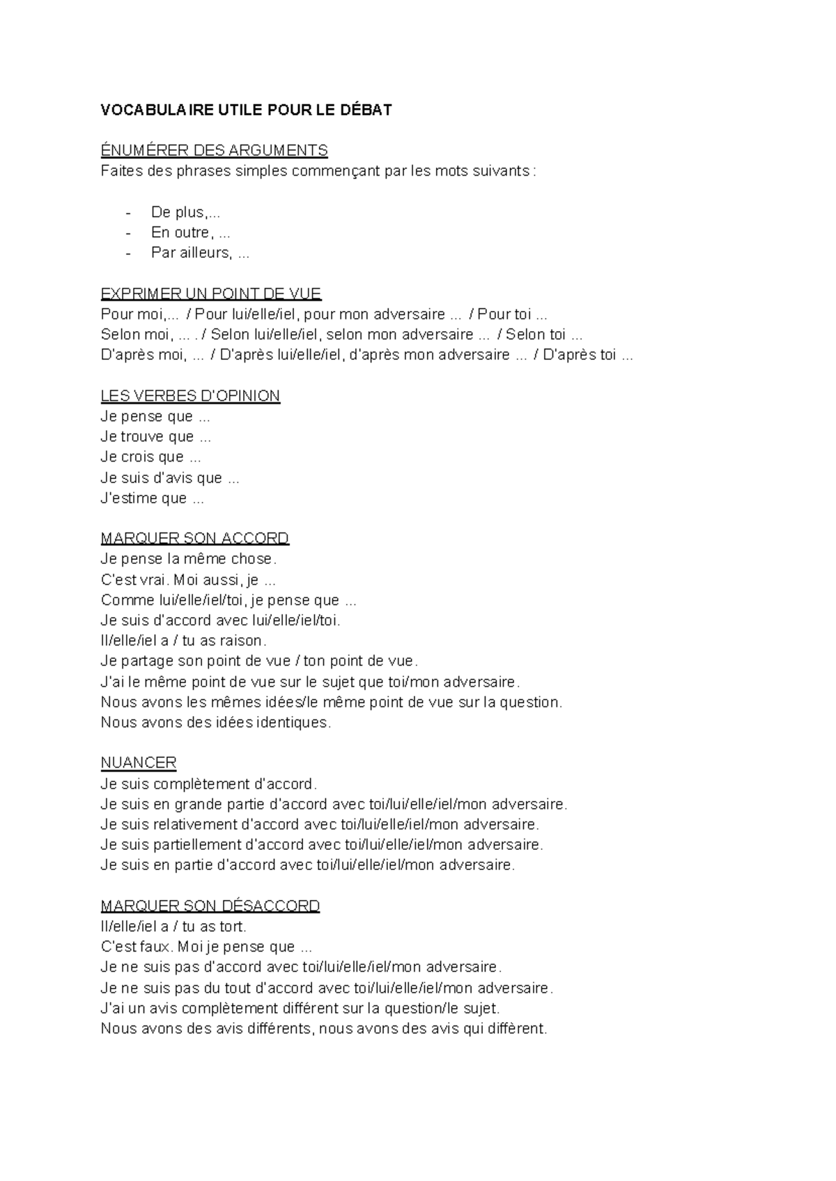 Vocabulaire débats - dadd - VOCABULAIRE UTILE POUR LE DÉBAT ÉNUMÉRER ...