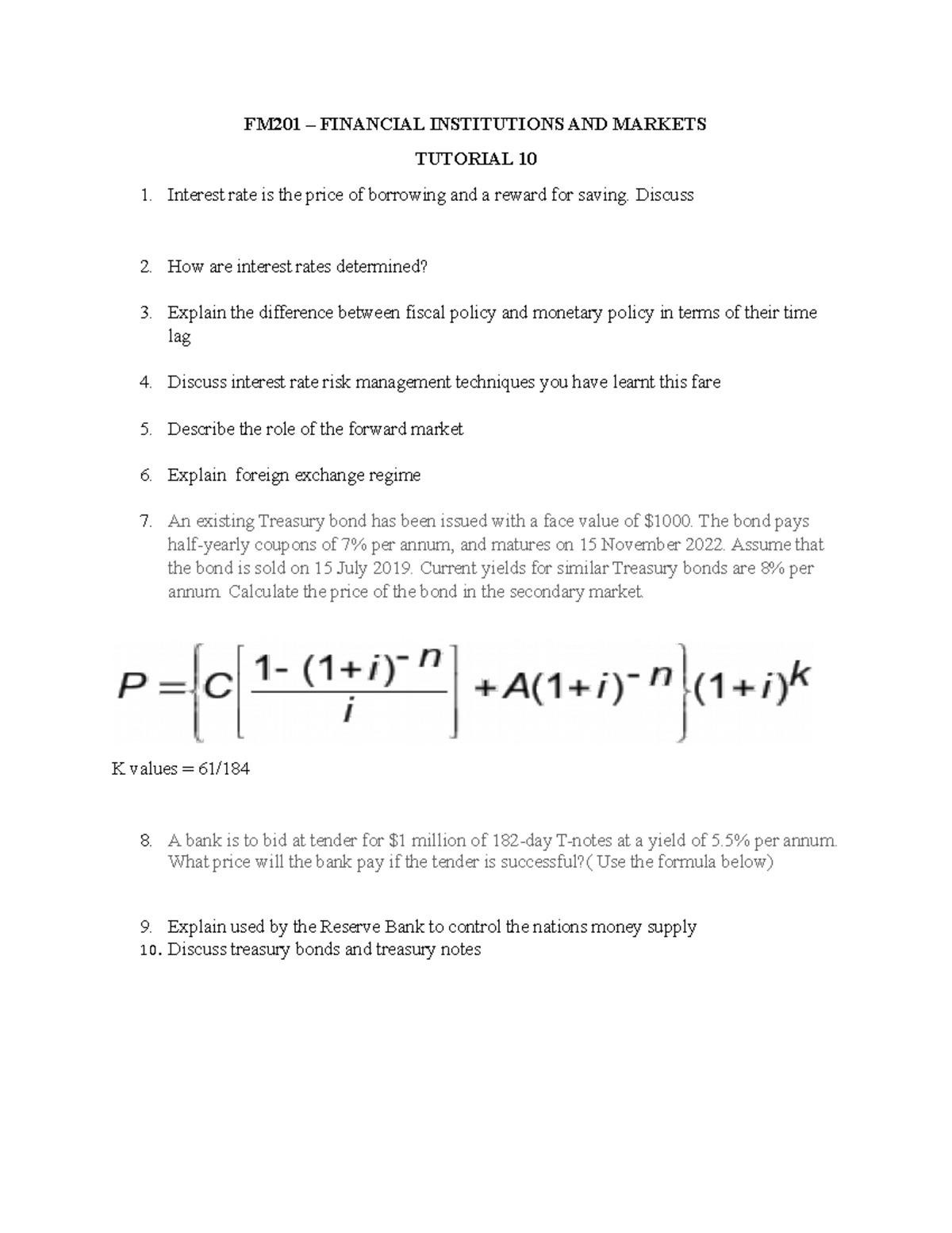 FM201 TUT 10 - Tutorial - FM201 – FINANCIAL INSTITUTIONS AND MARKETS ...