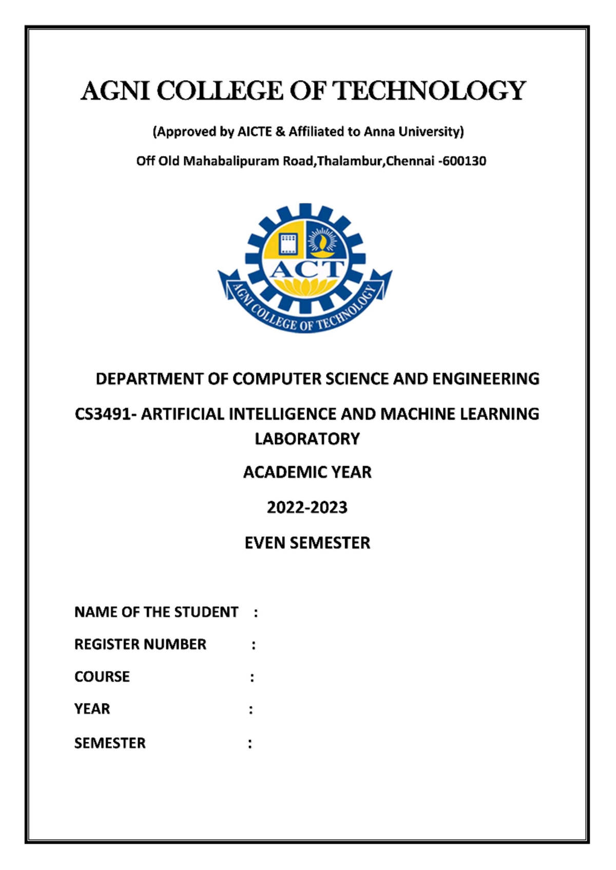 AIML Lab Manual - nil - AGNI COLLEGE OF TECHNOLOGY (Approved AICTE ...
