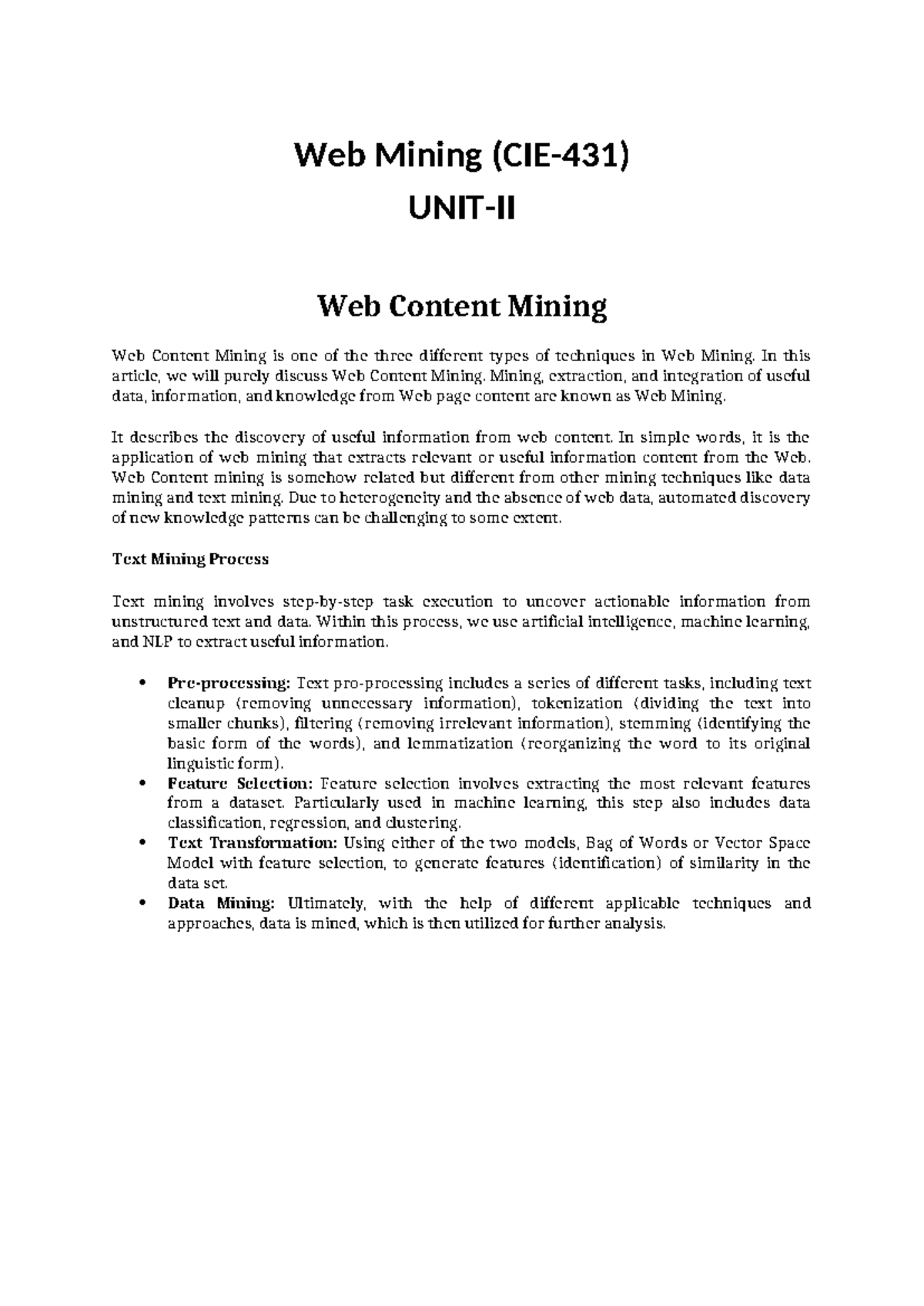 Web mining unit-2 - Web Mining (CIE-431) UNIT-II Web Content Mining Web Content Mining is one of ...