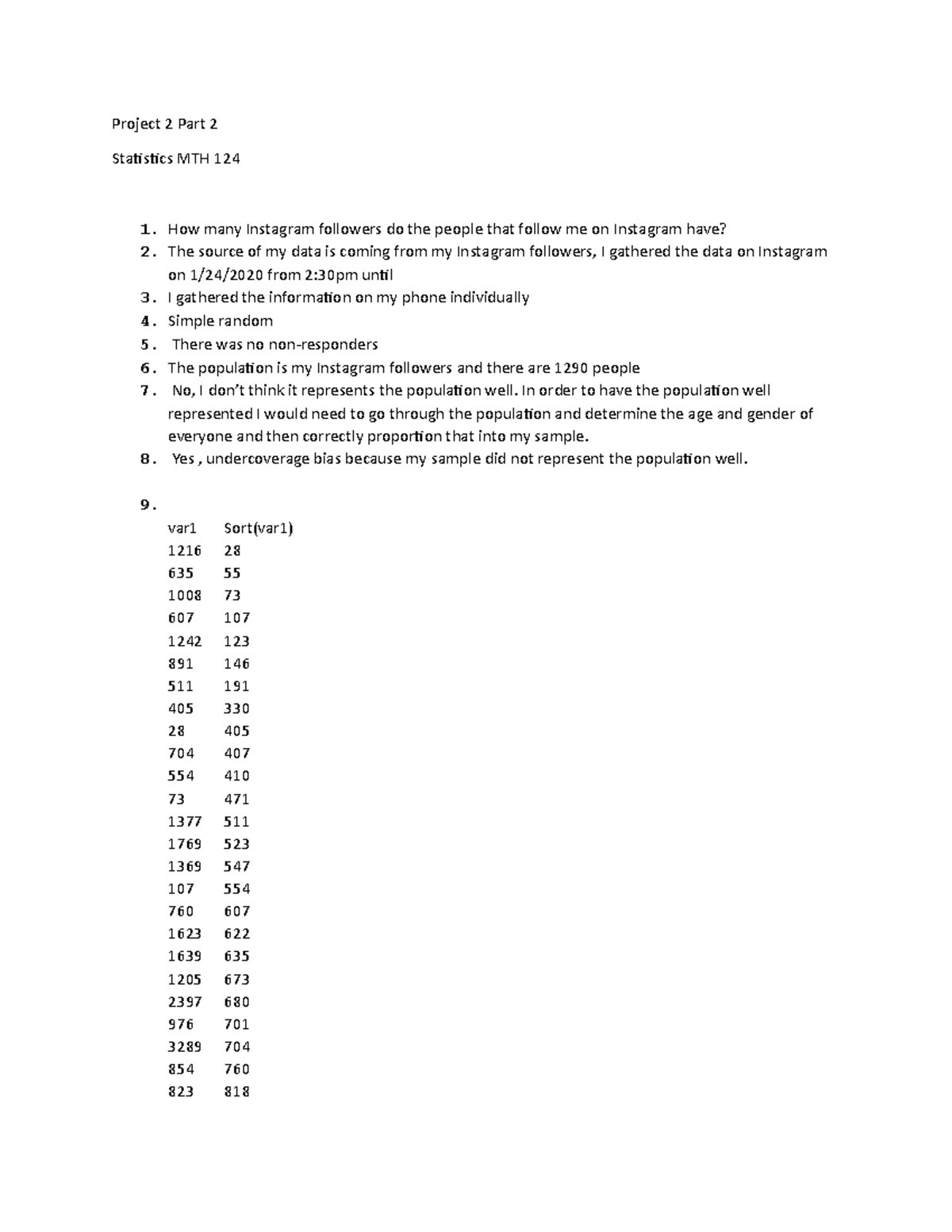 Chapter 2 Project Statistics - Project 2 Part 2 Statistics MTH 124 1 ...