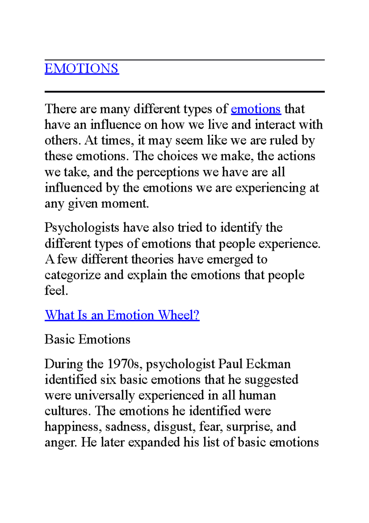 Emotion 1 - notes - EMOTIONS There are many different types of emotions ...