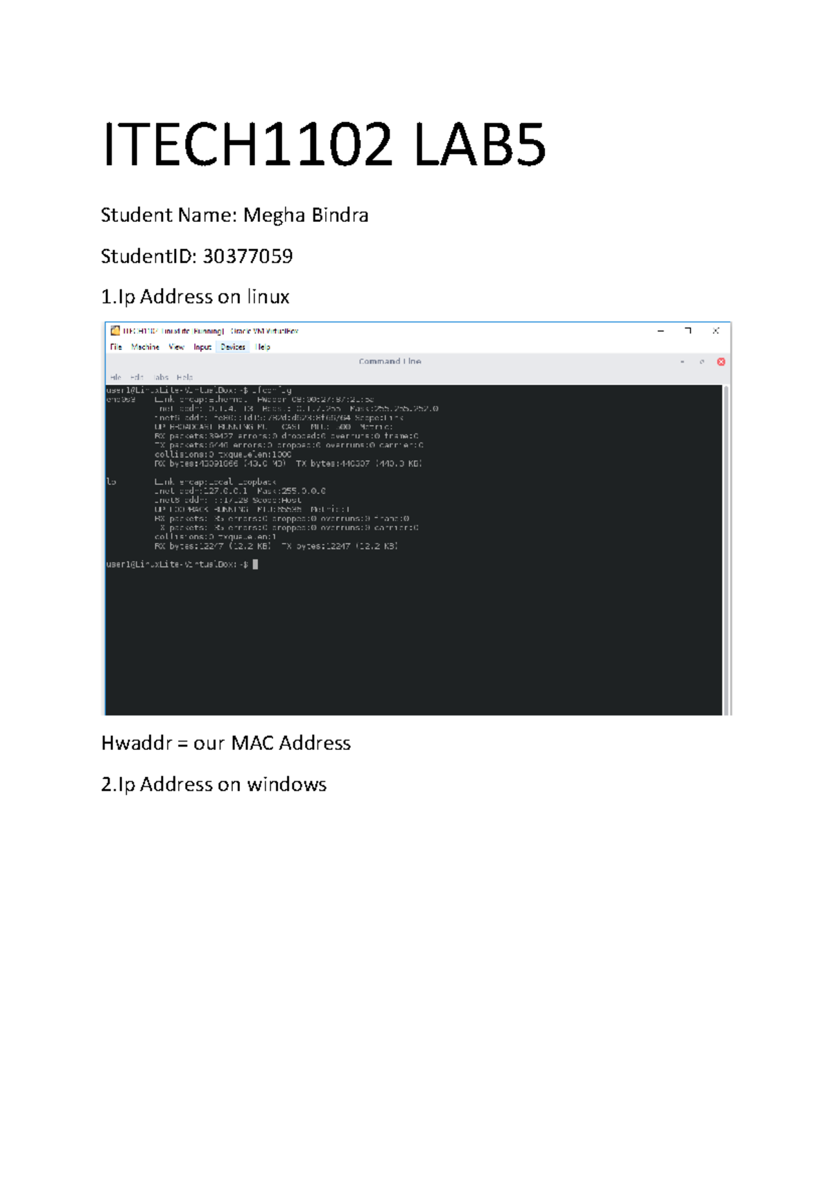 Lab5 Itech 1102New - networking - ITECH1102 LAB Student Name: Megha ...