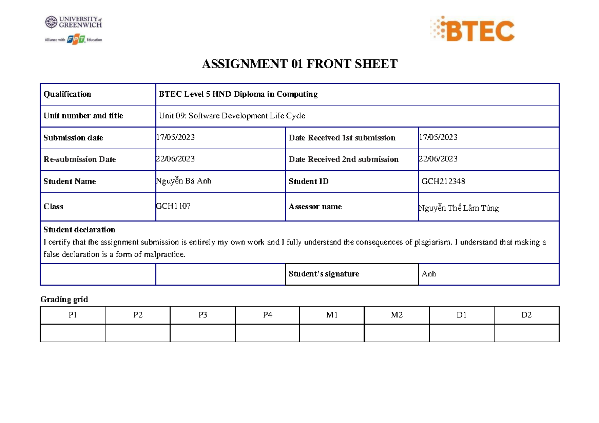 Ass2 SDLC - goods - ASSIGNMENT 01 FRONT SHEET Qualification BTEC Level 5 HND Diploma in ...
