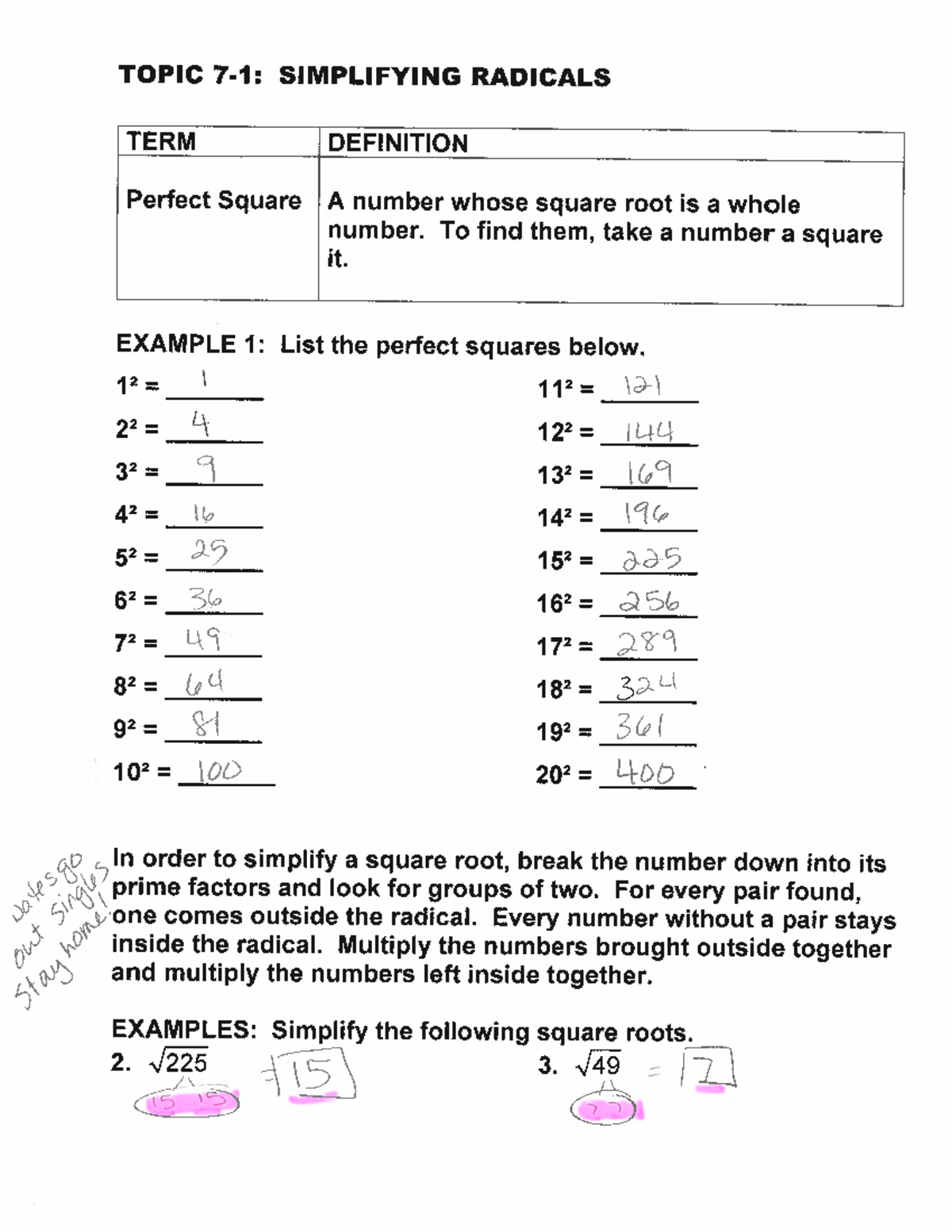 Topic 7-1 Key - Simplifying Radicals notes. - MAT 011 - Studocu
