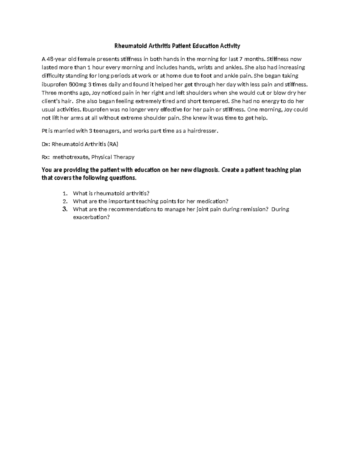 RA Activity - Rheumatoid Arthritis Patient Education Activity A 48-year ...