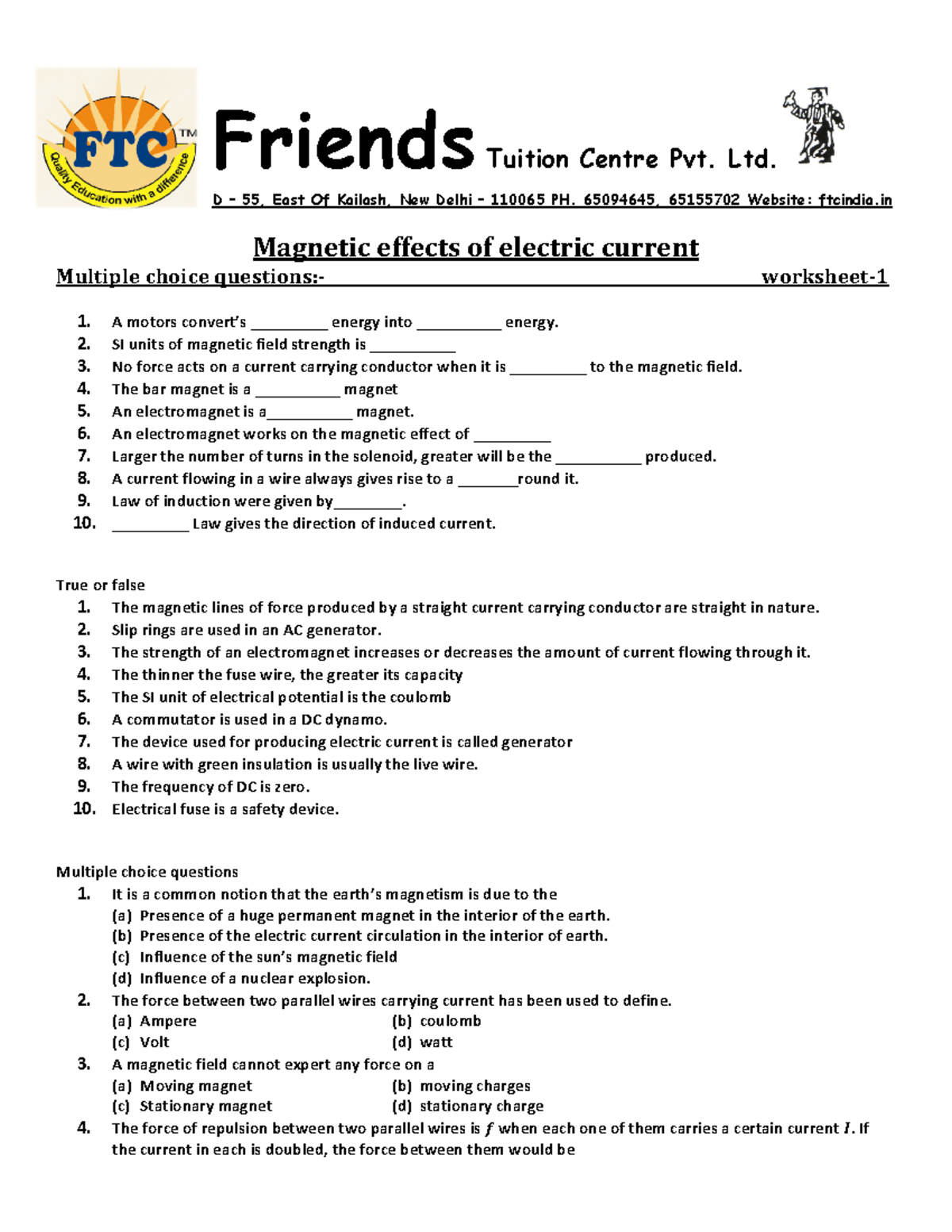 Worksheet 1 - Magnetic Effects of Electric Current - - Studocu