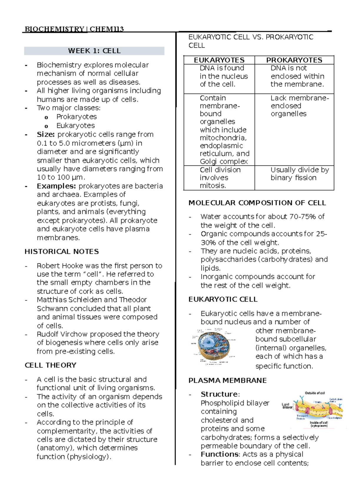 CHEM113 WEEK 1 CELL 1 YB 2 - WEEK 1: CELL Biochemistry explores ...