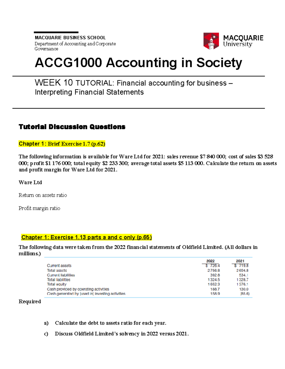 Week 10 Tutorial Workbook - MACQUARIE BUSINESS SCHOOL Department of ...