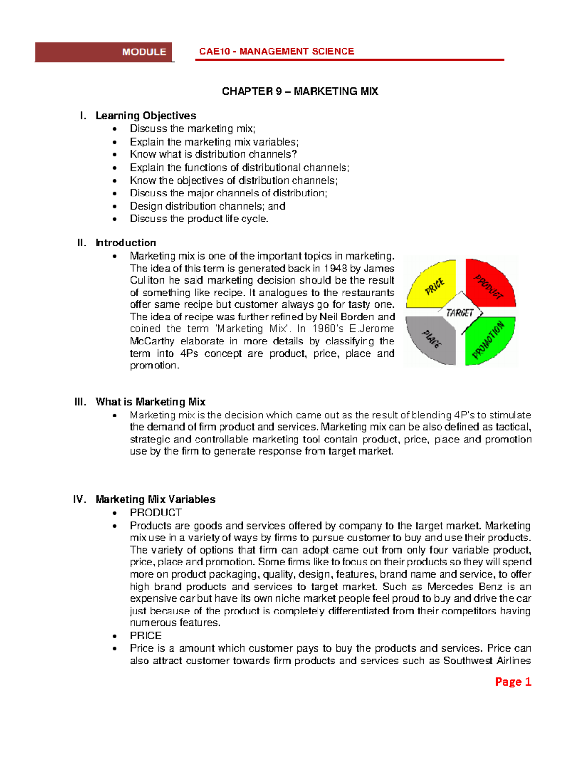 Chapter 9 - CHAPTER 9 – MARKETING MIX I. Learning Objectives Discuss ...