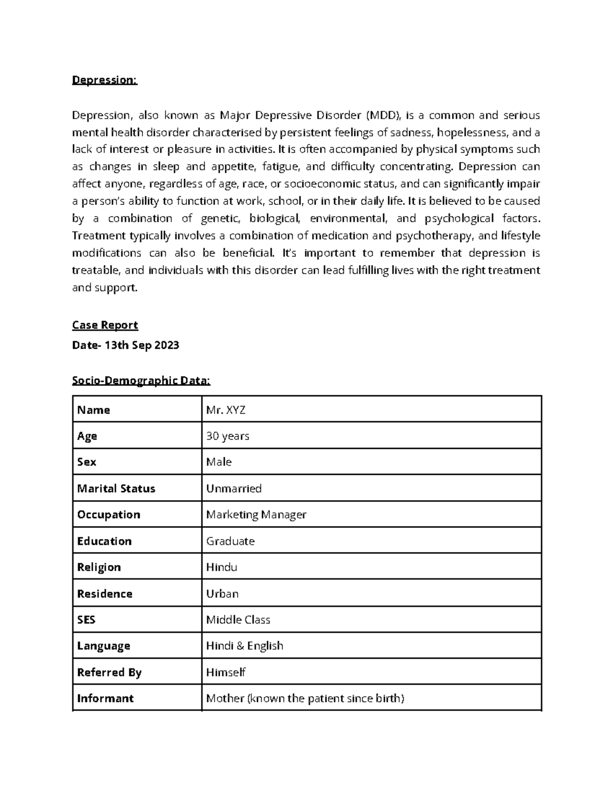 1. Depression Case (updated) - Depression: Depression, also known as ...