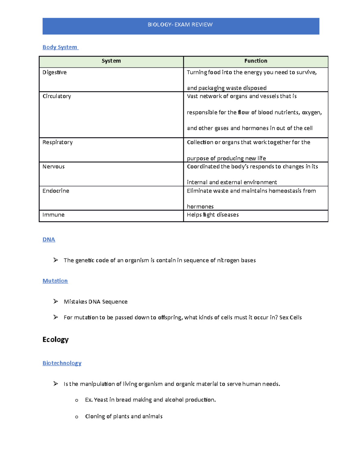 Biology Review- Body System, DNA, Kingdoms, Ecology - Body System ...