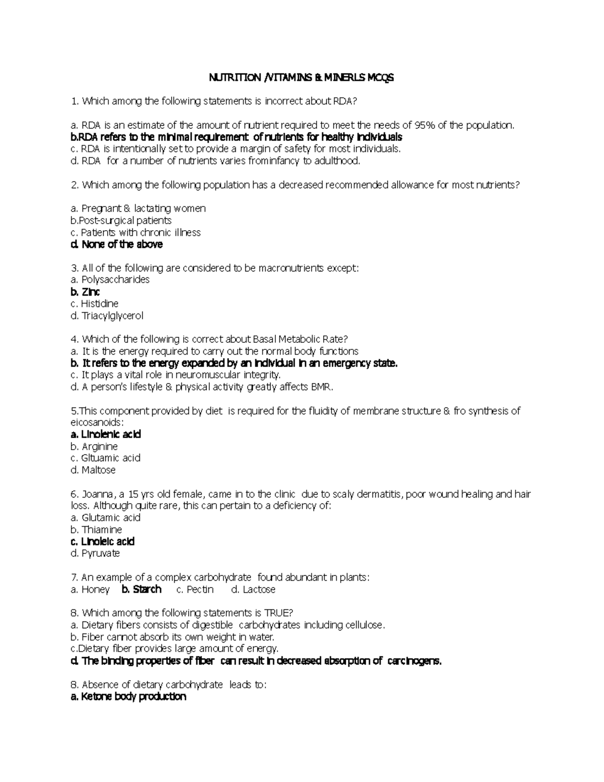 Exam August 2016, questions and answers - NUTRITION /VITAMINS & MINERLS ...