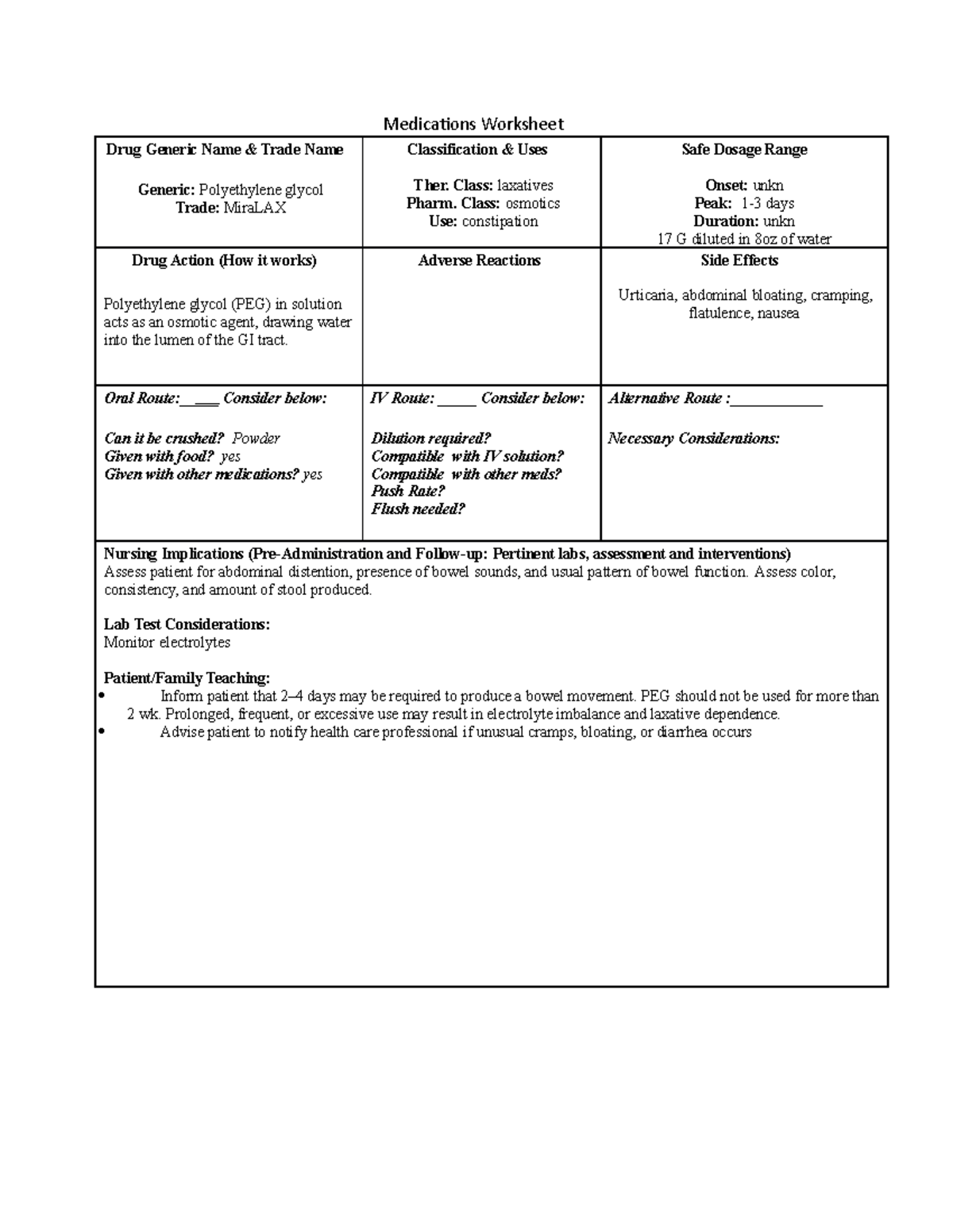 Polyethylene glycol - Medications Worksheet Drug Generic Name & Trade ...