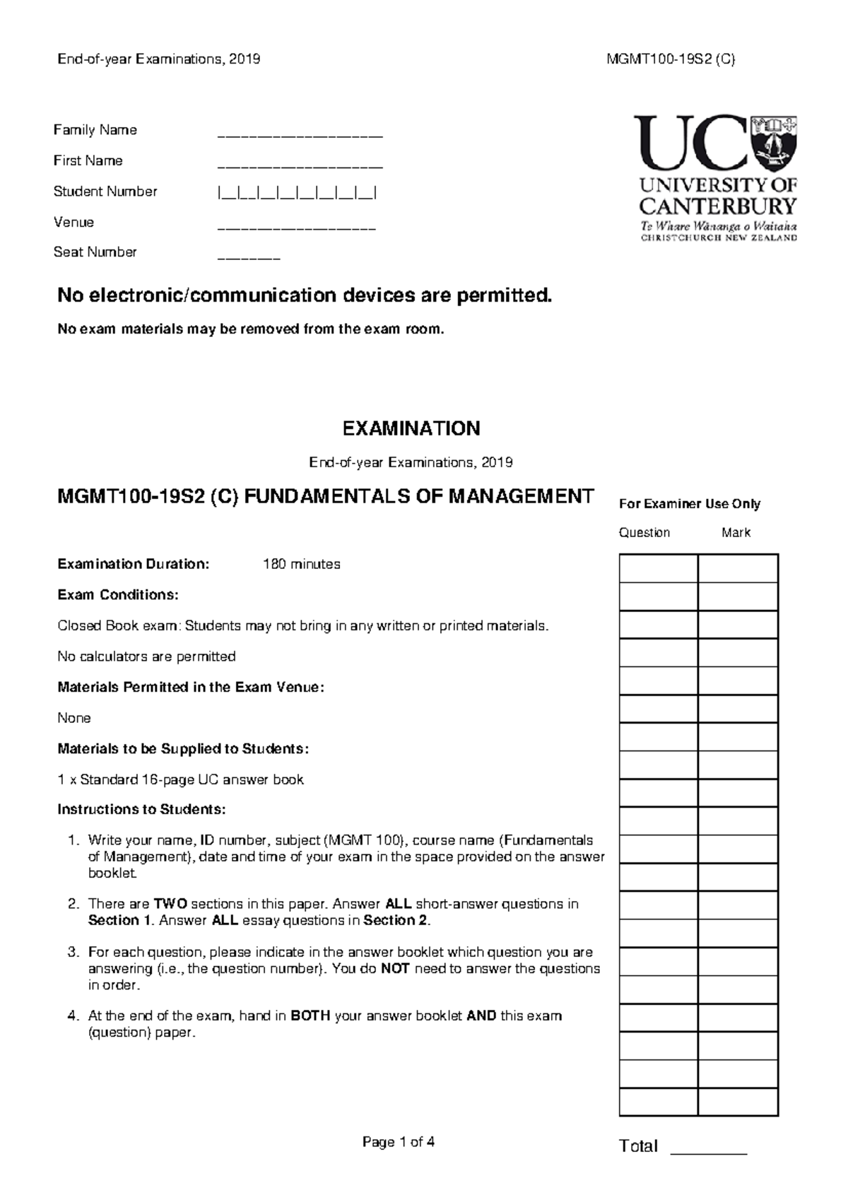Final Exam 2019 - Page 1 of 4 No electronic/communication devices are ...