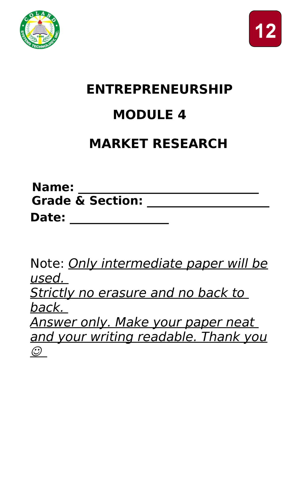 Entrep-Q1-M4 - Eeee - ENTREPRENEURSHIP MODULE 4 MARKET RESEARCH Name: - Studocu