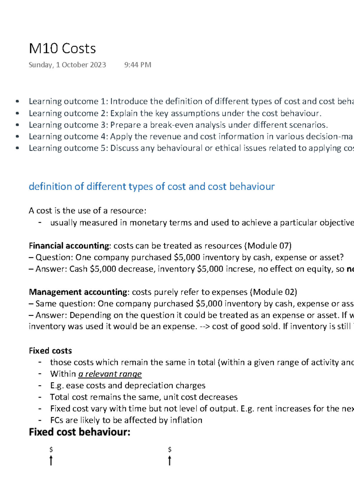 BUS114 M10 Costs - Business 114 pre-lecture notes - Learning outcome 1 ...