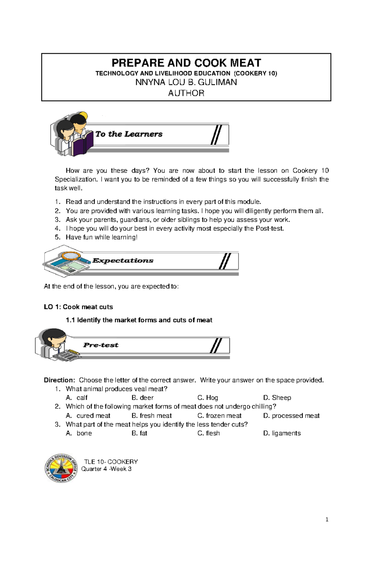 Quarter 4-Week 1 TLE-Cookery Grade 10 - ####### TLE 10- COOKERY ...