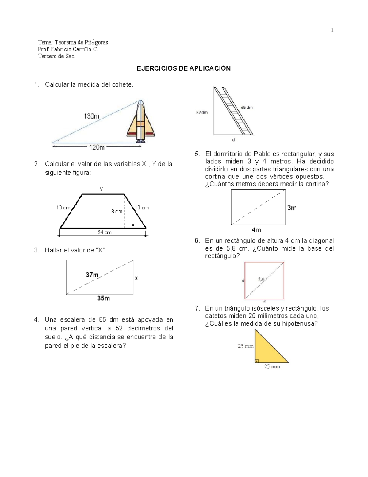 Problemas De Aplicacion Teorema De Pitagoras Tema Teorema De
