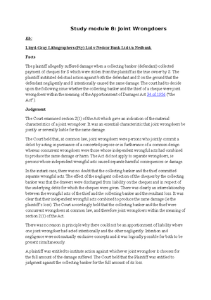 Law of Delict Brief Case summaries - Harm 1. Bester v Commercial Union ...