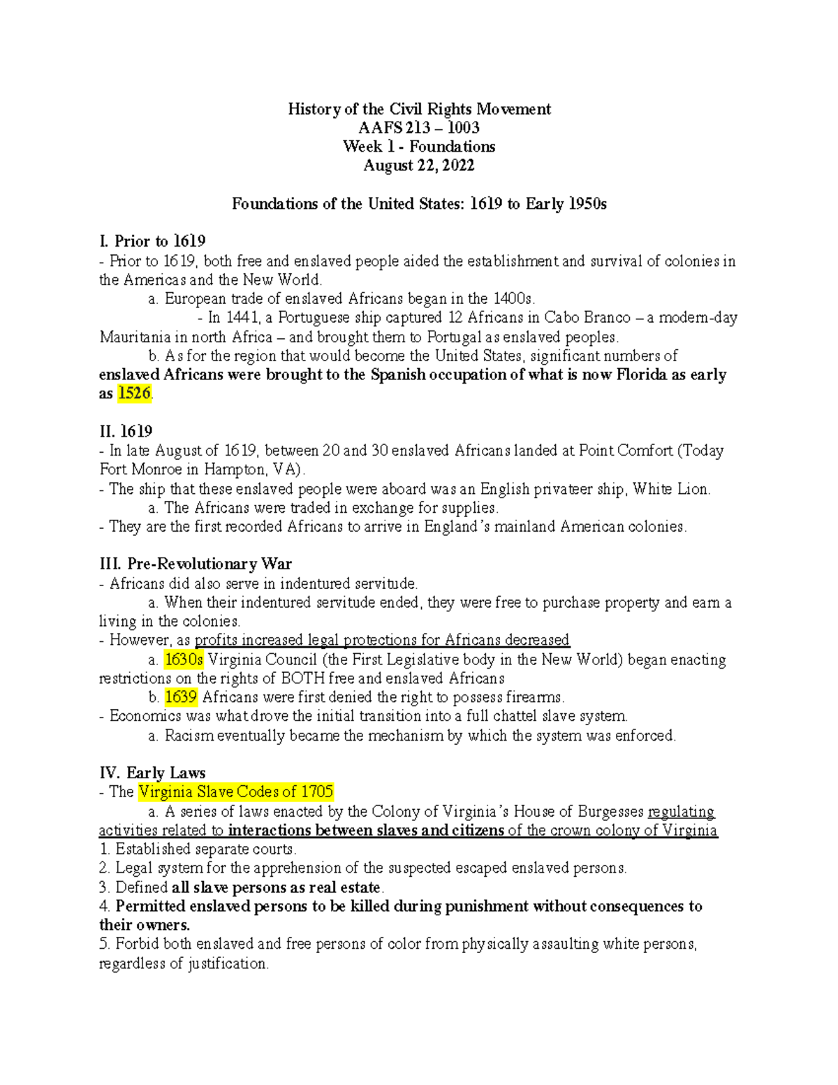 Week 1 Notes - History of the Civil Rights Movement AAFS 213 – 1003 ...