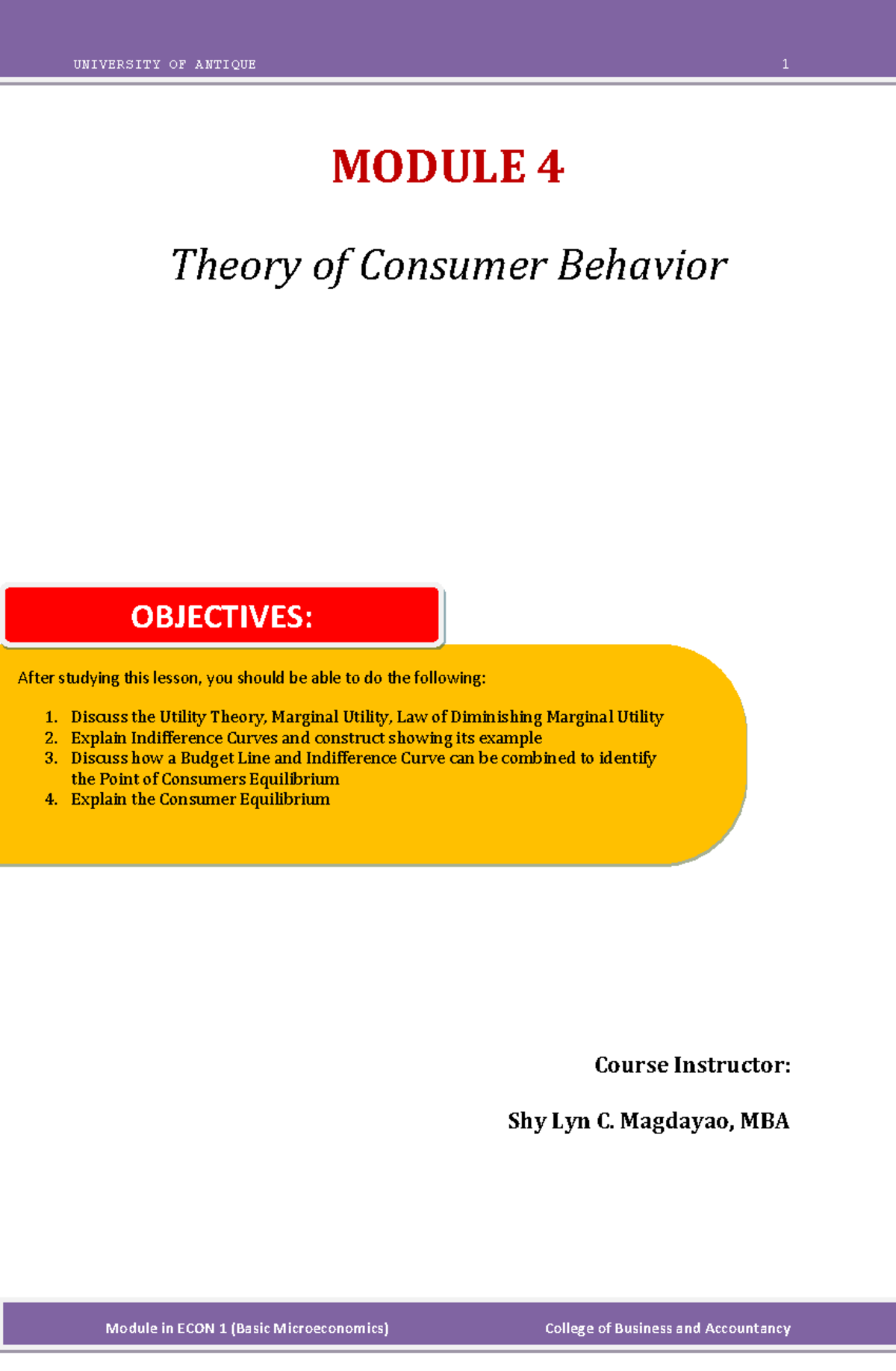 ECON Chapter 4 - MODULE 4 Theory of Consumer Behavior Course Instructor ...