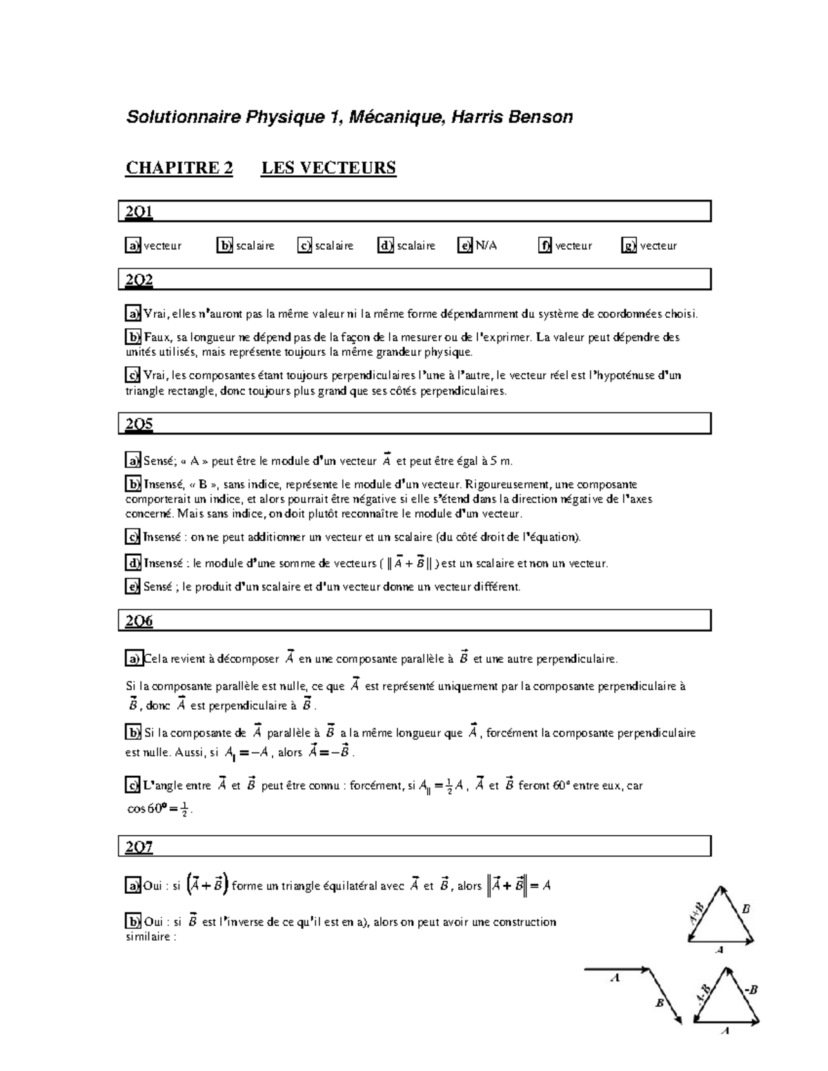 Pdfcoffee - Solutionnaire ch2 - Solutionnaire Physique 1, Mécanique, Harris Benson CHAPITRE 2 ...