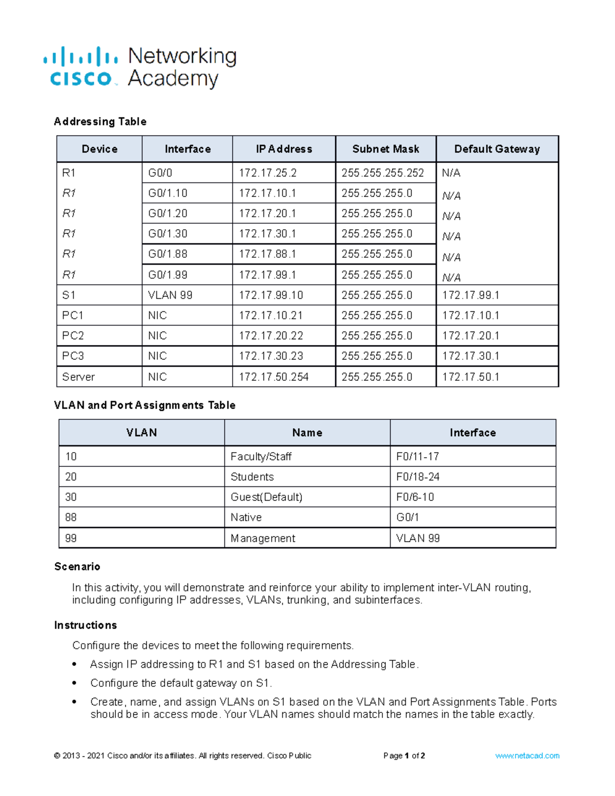 4.5.1 Packet Tracer - Inter-VLAN Routing Challenge Kimberly Tellez - Addressing Table Device ...